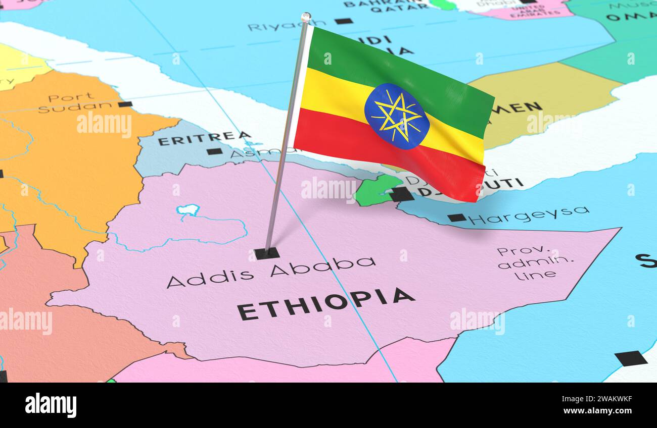 Ethiopia, Addis Ababa - national flag pinned on political map - 3D ...