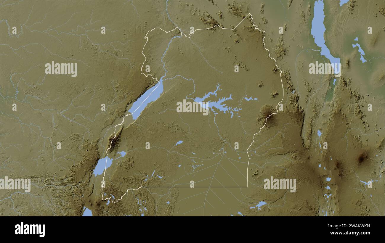Uganda outlined on a Pale colored elevation map with lakes and rivers ...