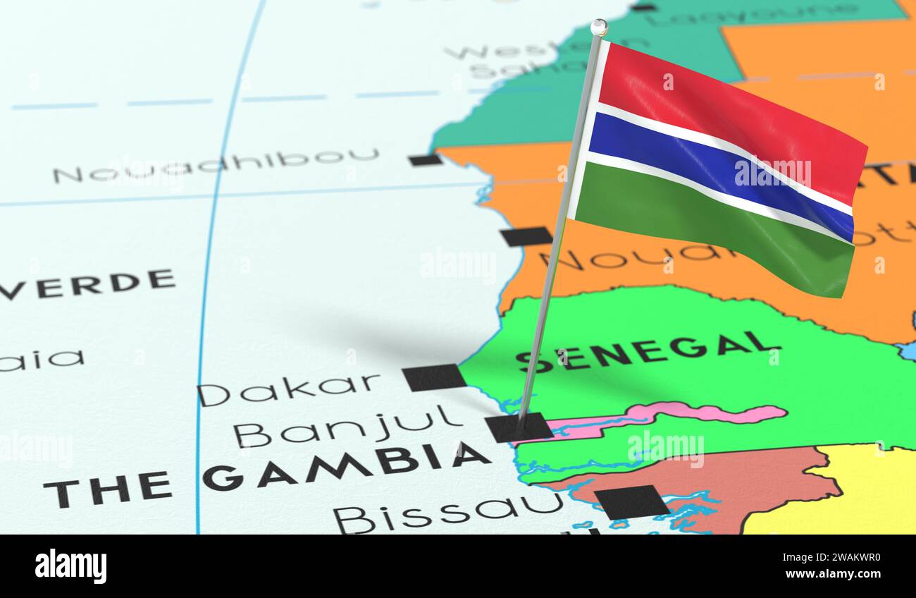 Gambia, Banjul - national flag pinned on political map - 3D ...