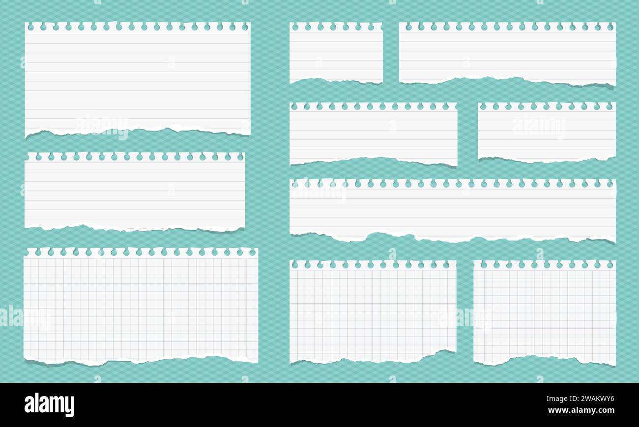 Set of white paper strips, lined, math notebook sheets and hard shadow ...