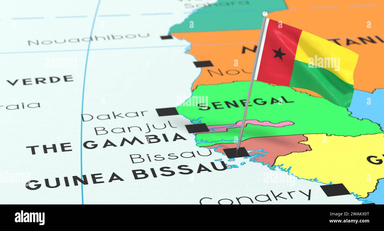 Guinea Bissau, Bissau - national flag pinned on political map - 3D ...