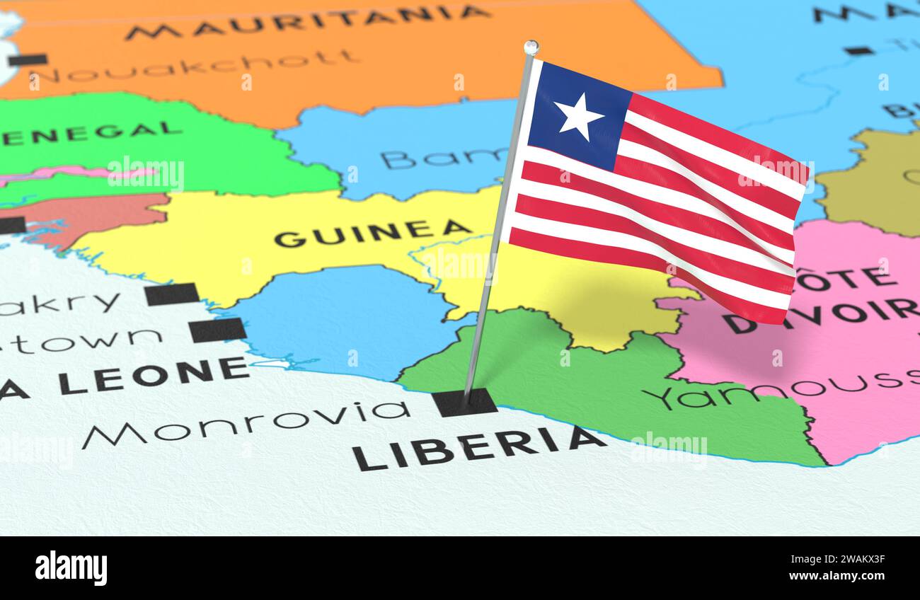 Liberia, Monrovia - national flag pinned on political map - 3D ...