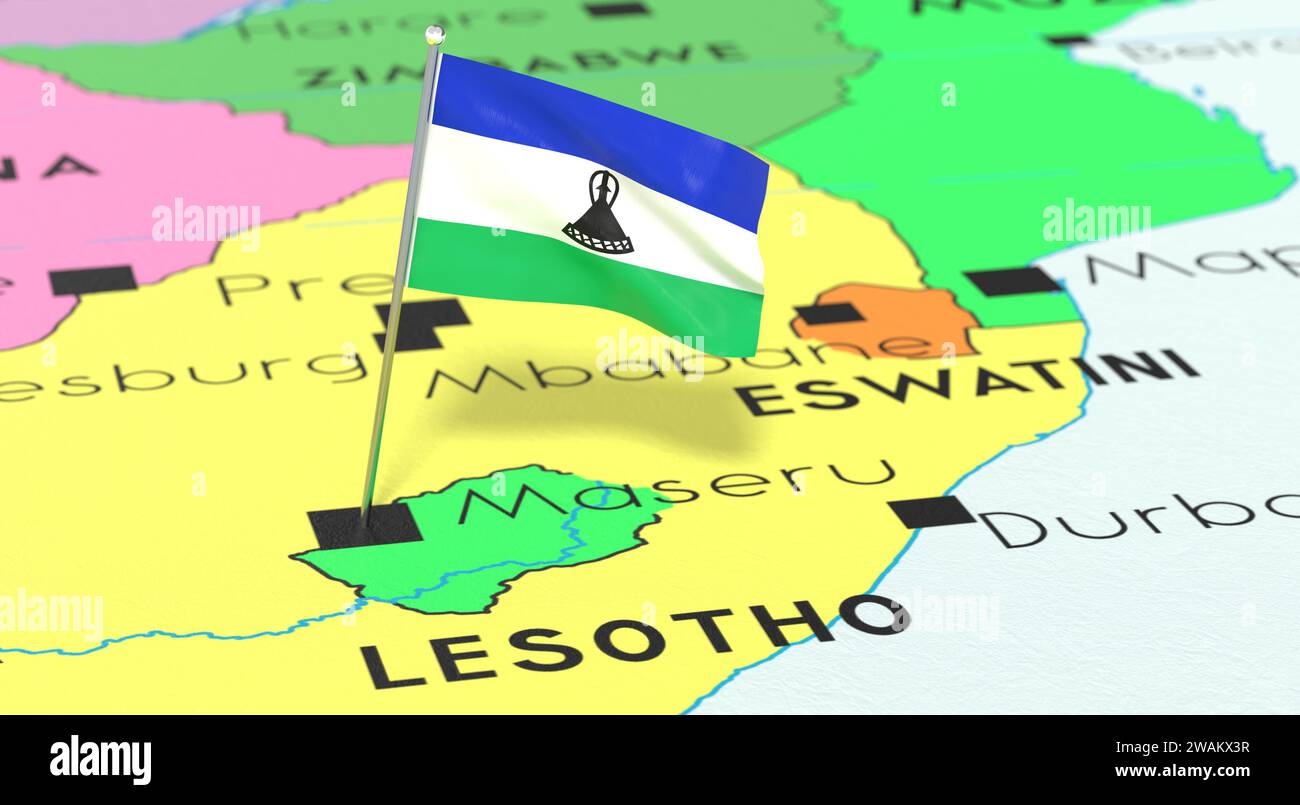 Lesotho, Maseru - national flag pinned on political map - 3D ...