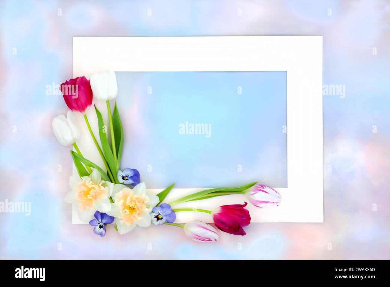 Spring background border with flowers on pastel blue and pink sky cloud ...