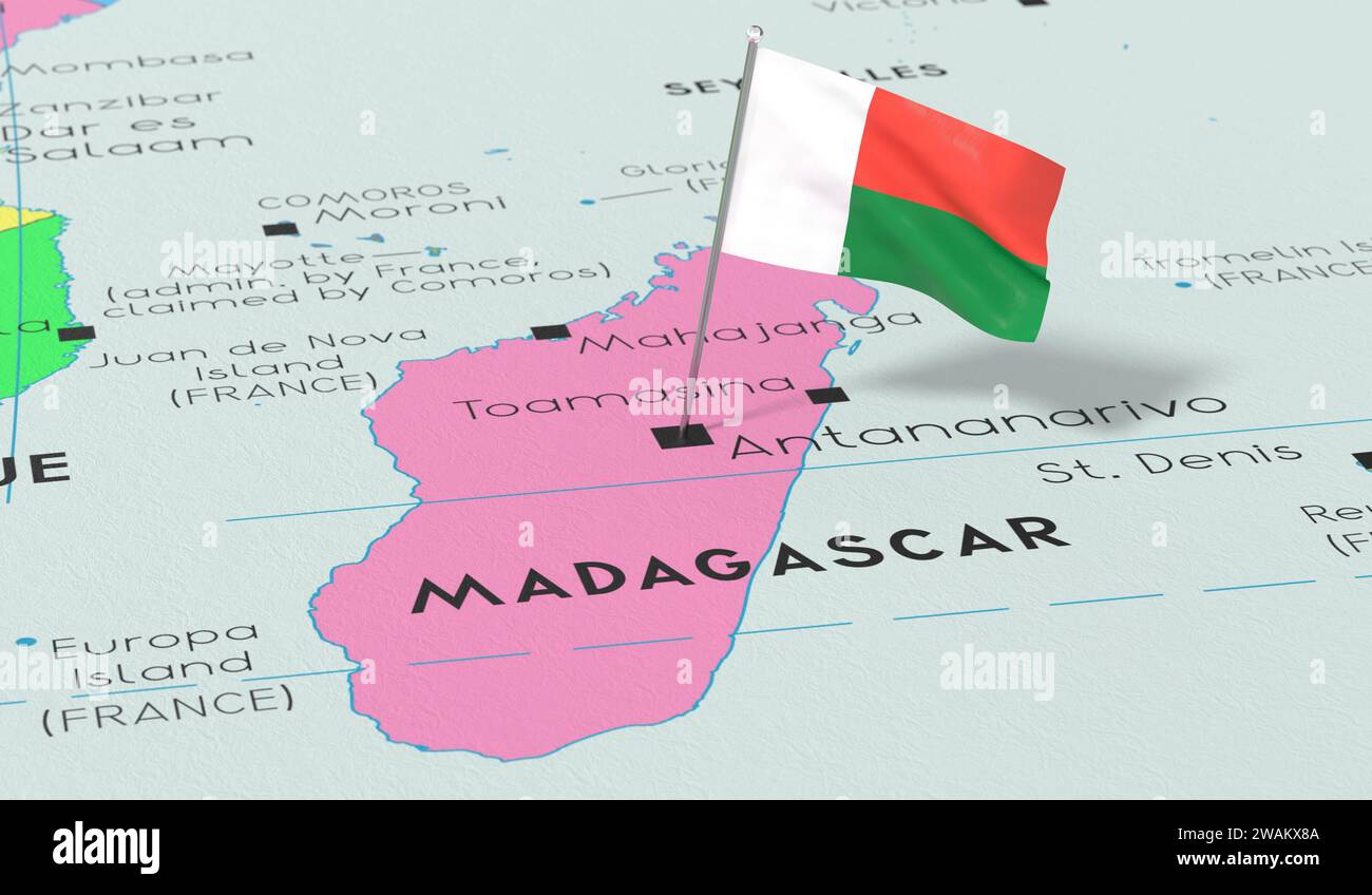 Madagaskar, Antananarivo - national flag pinned on political map - 3D ...