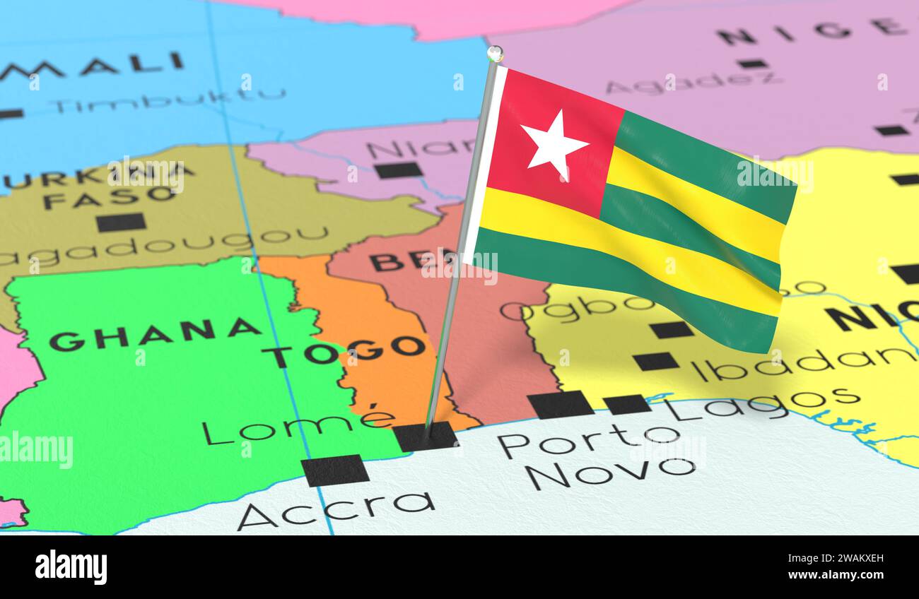Togo, Lome - national flag pinned on political map - 3D illustration ...