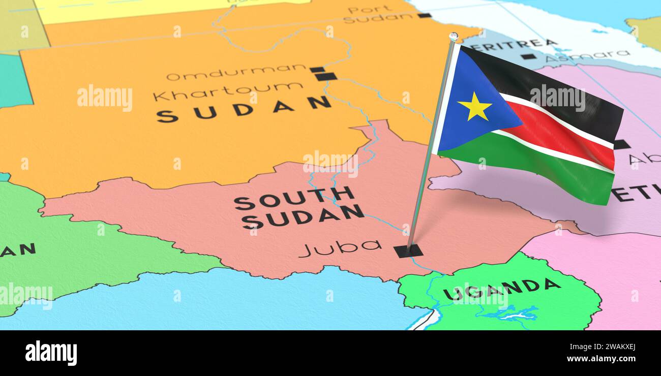 South Sudan, Juba - national flag pinned on political map - 3D ...
