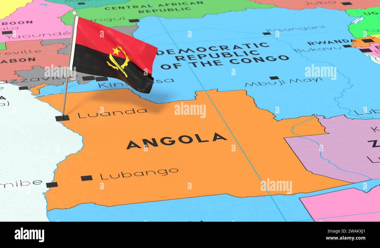 Angola, Luanda - national flag pinned on political map - 3D ...