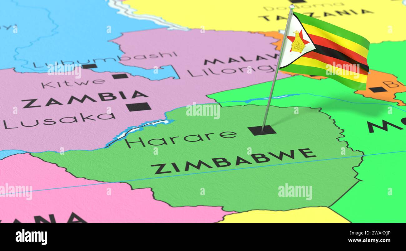 Zimbabwe, Harare - national flag pinned on political map - 3D ...