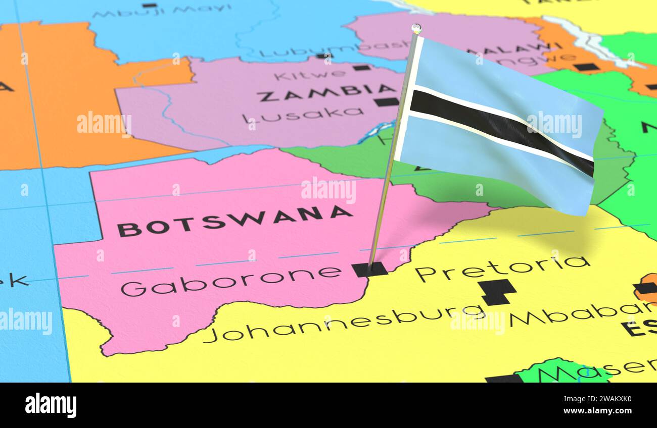 Botswana, Gaborone - national flag pinned on political map - 3D illustration Stock Photo - Alamy