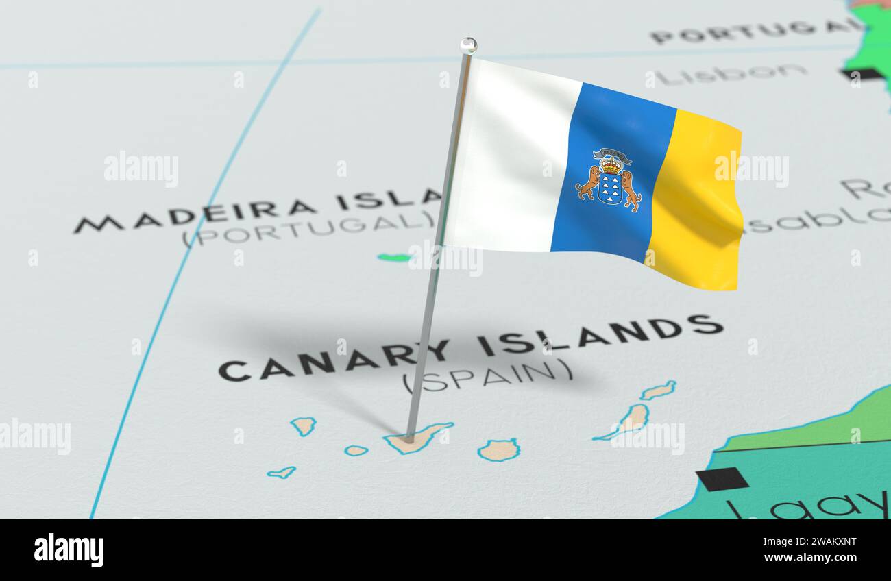 Canary Islands - national flag pinned on political map - 3D ...