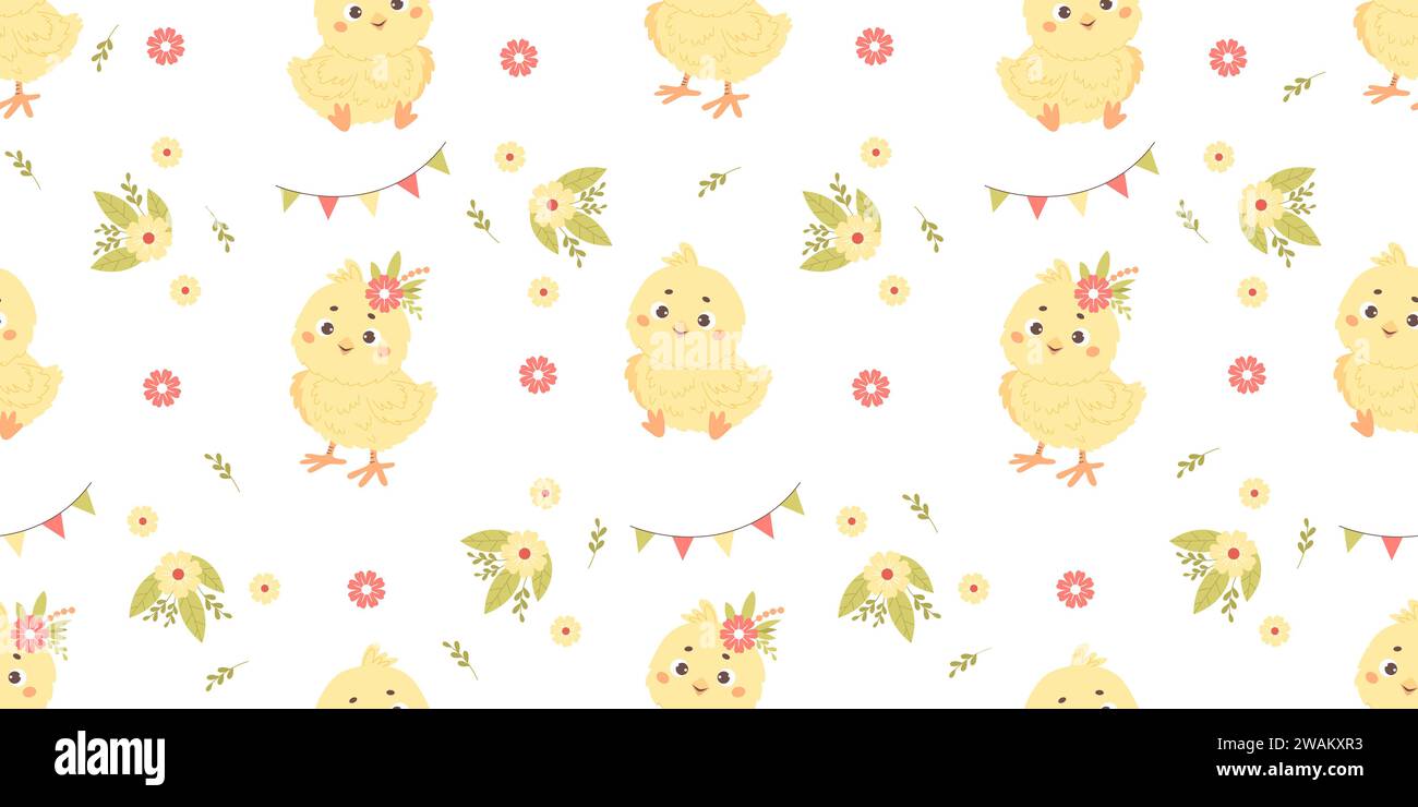 Seamless pattern with little cute chicks on white background with ...