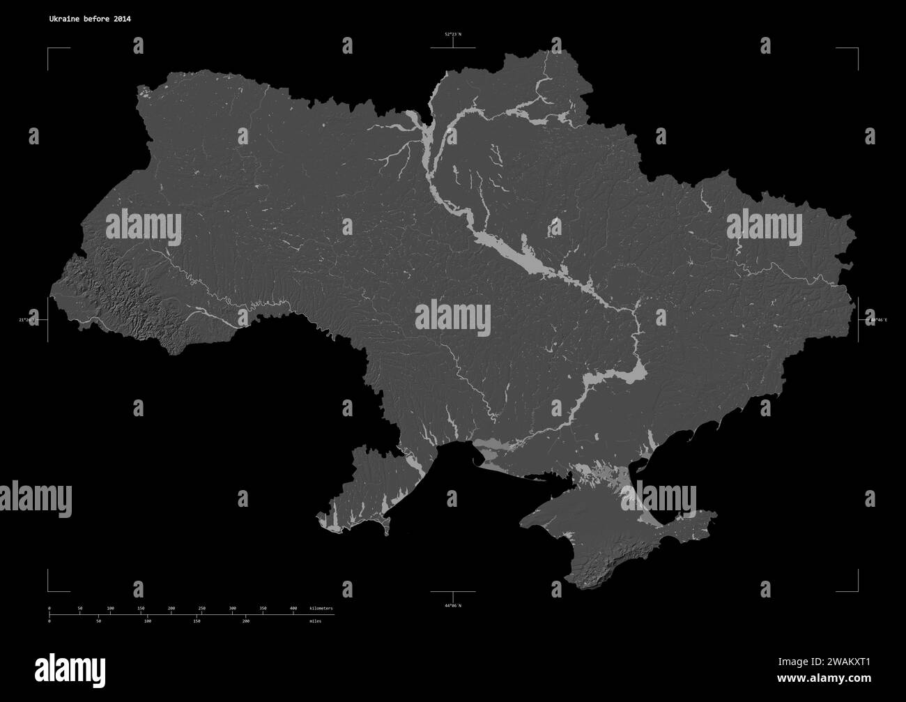 Shape of a Bilevel elevation map with lakes and rivers of the Ukraine ...