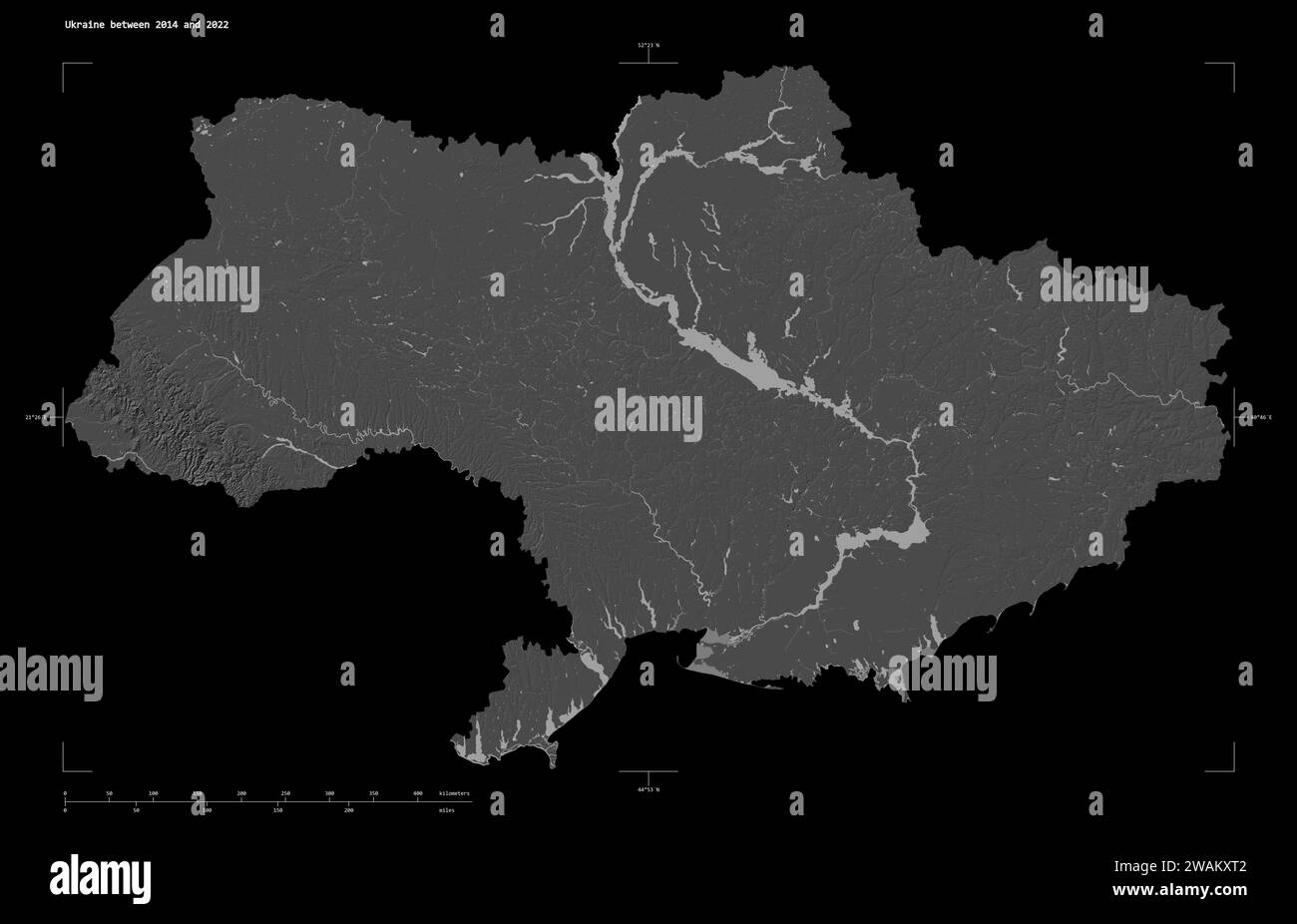 Shape of a Bilevel elevation map with lakes and rivers of the Ukraine between 2014 and 2022 ...