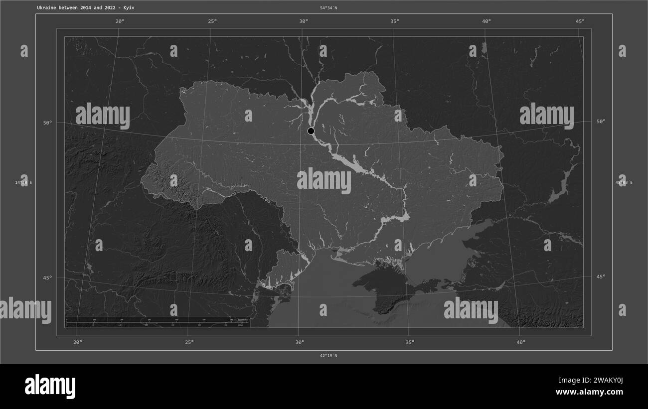 Ukraine between 2014 and 2022 highlighted on a Bilevel elevation map ...