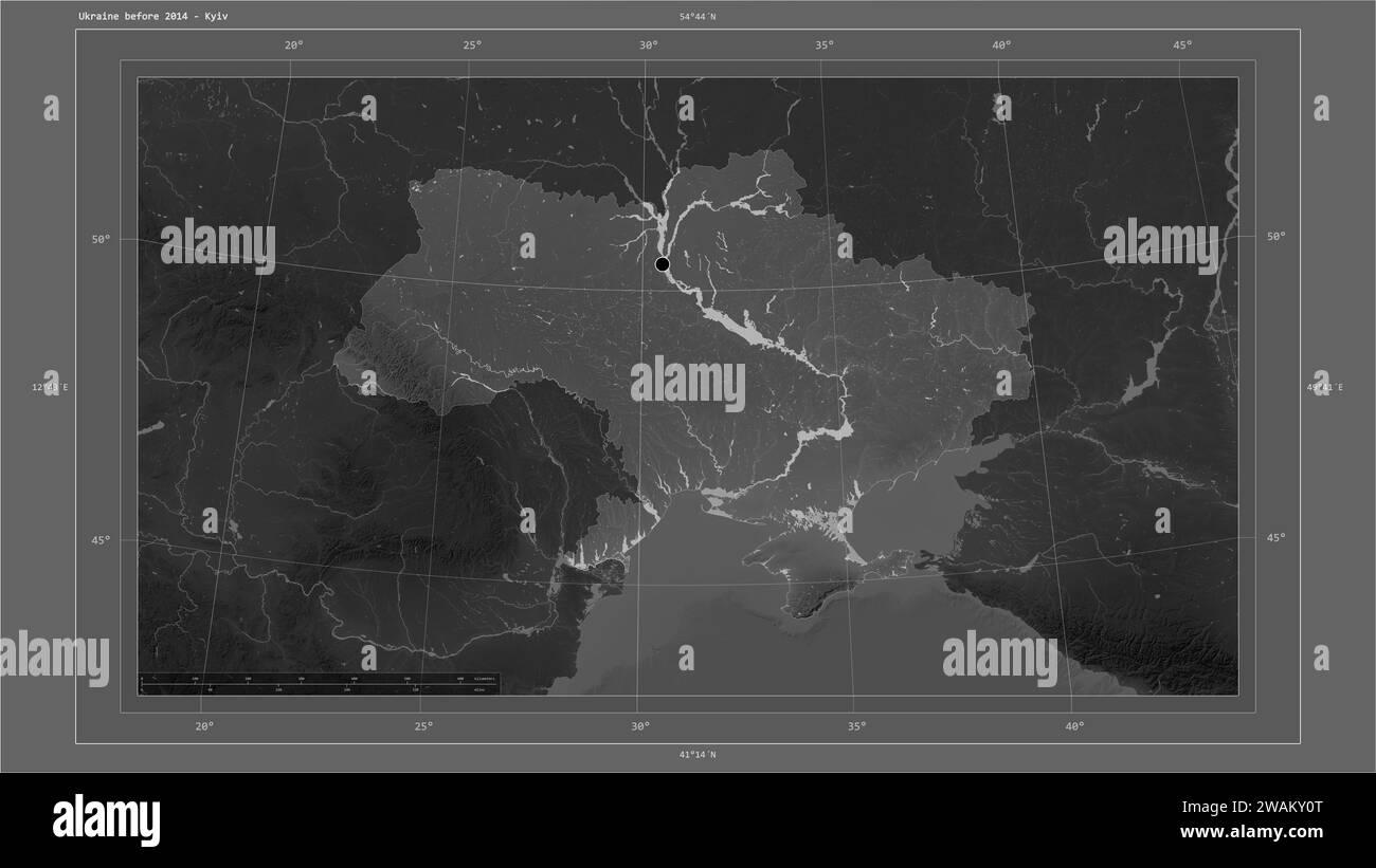 Ukraine before 2014 highlighted on a Grayscale elevation map with lakes ...