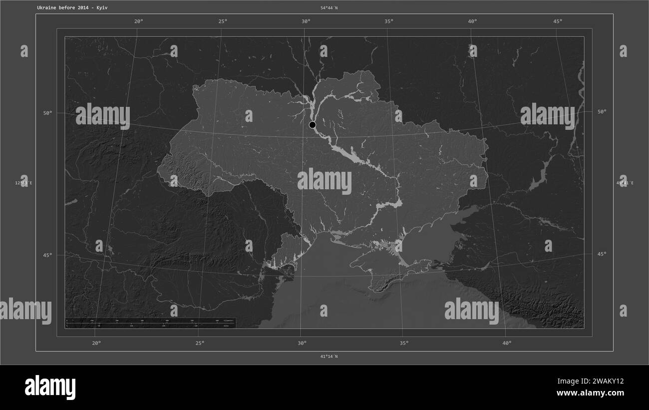 Ukraine before 2014 highlighted on a Bilevel elevation map with lakes ...