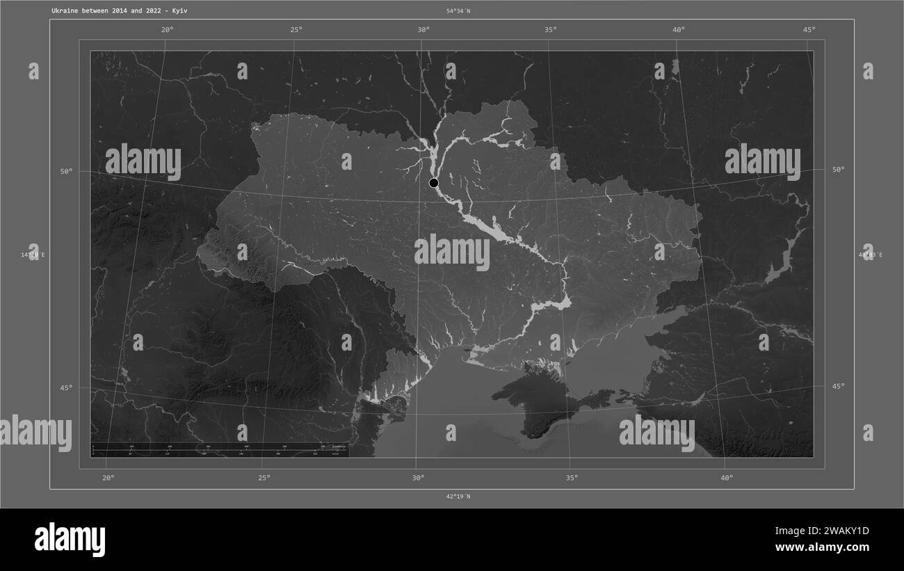 Ukraine between 2014 and 2022 highlighted on a Grayscale elevation map ...