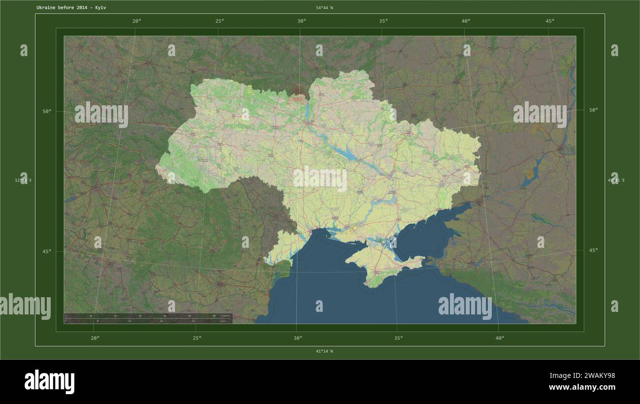 Ukraine before 2014 highlighted on a topographic, OSM Germany style map ...