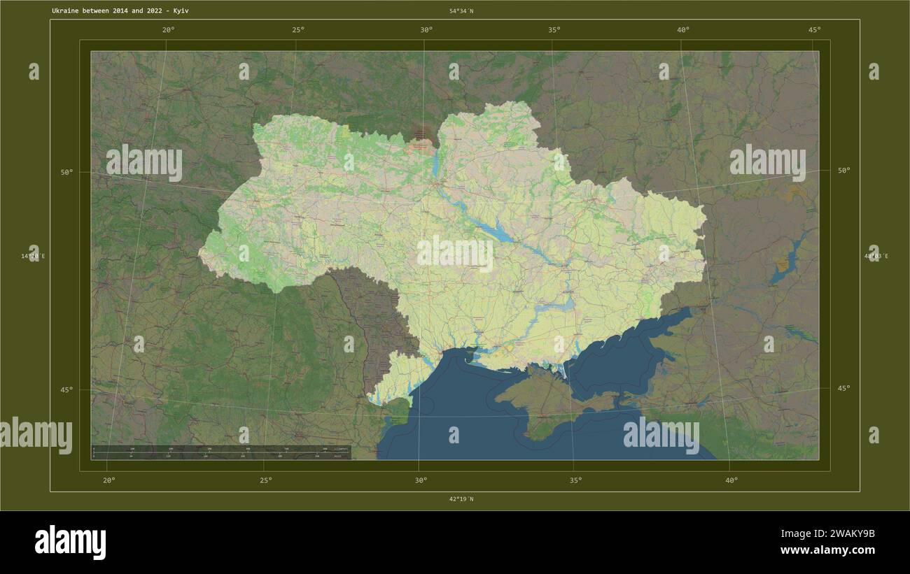 Ukraine between 2014 and 2022 highlighted on a topographic, OSM ...