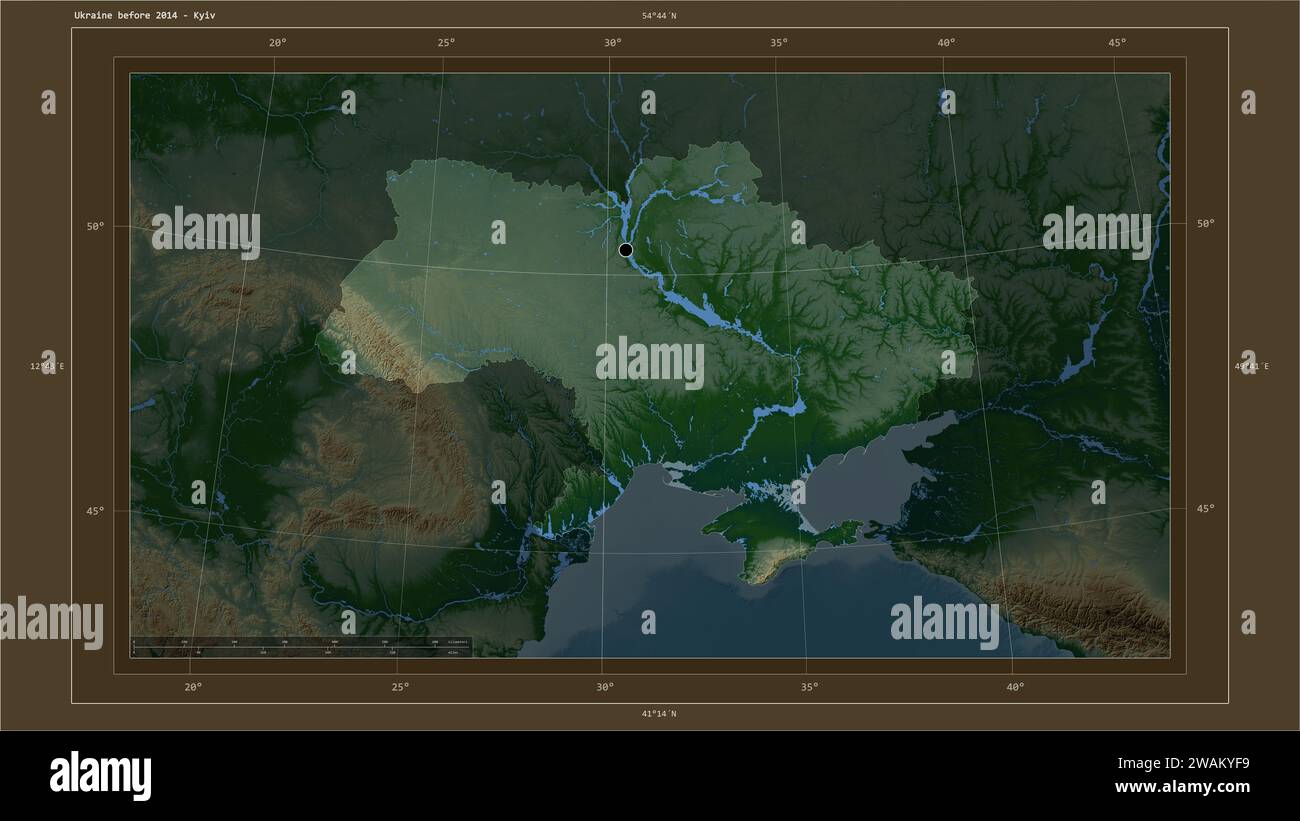 Ukraine before 2014 highlighted on a Colored elevation map with lakes ...