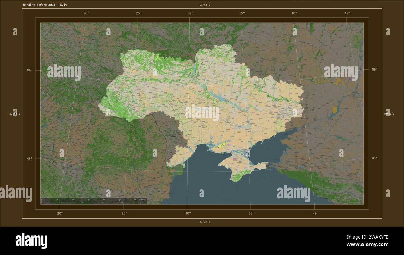 Ukraine before 2014 highlighted on a topographic, OSM France style map ...