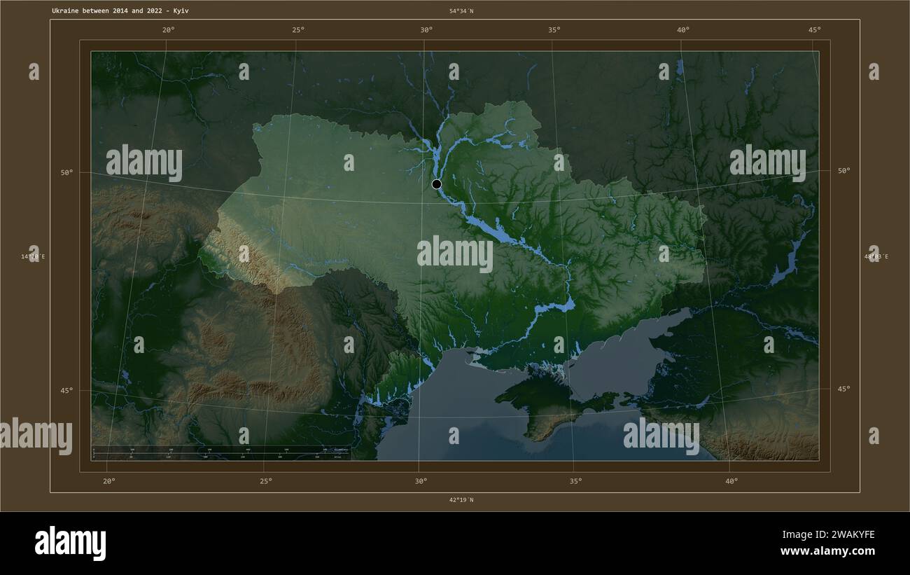 Ukraine between 2014 and 2022 highlighted on a Colored elevation map ...