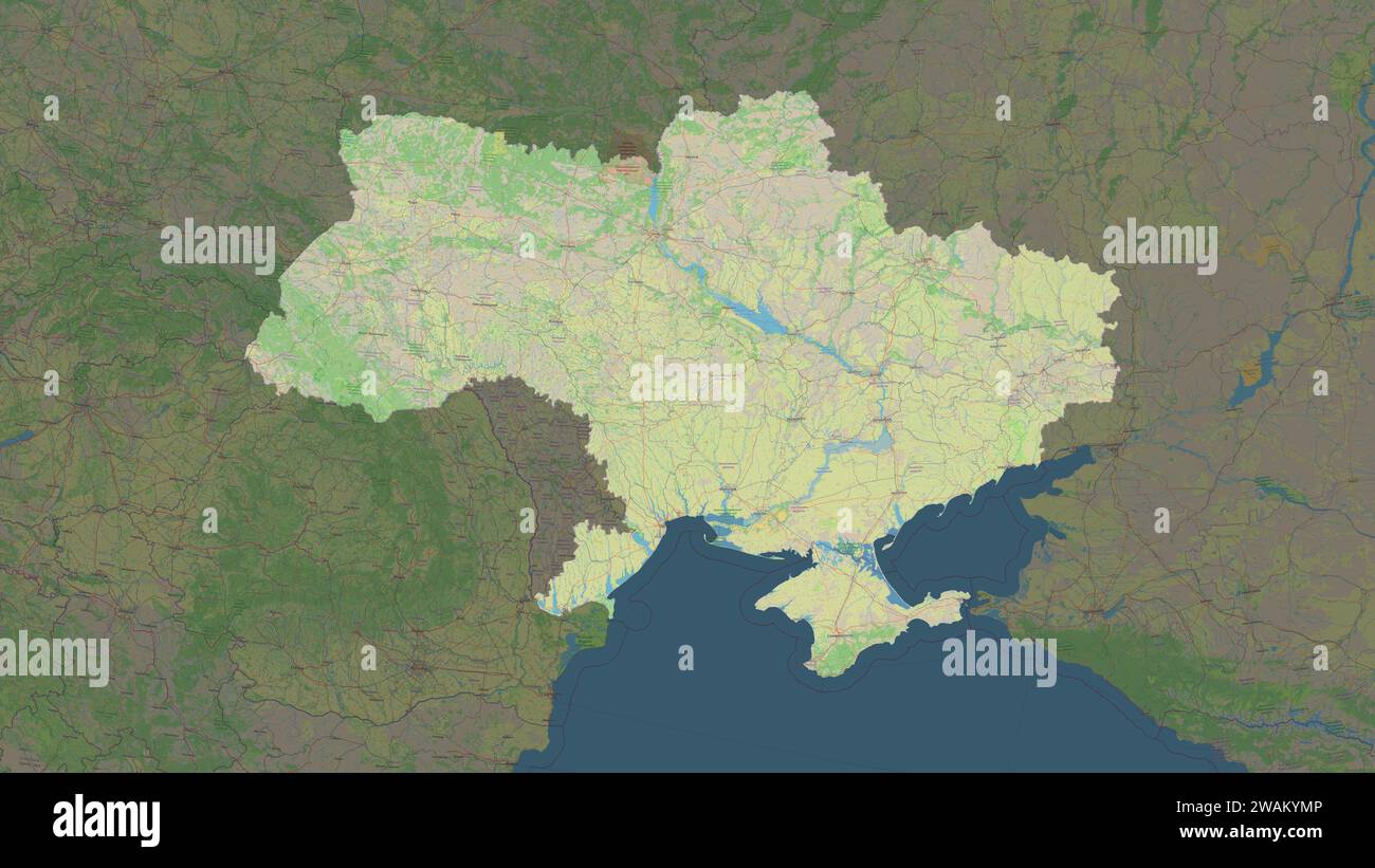 Ukraine before 2014 highlighted on a topographic, OSM standard style ...