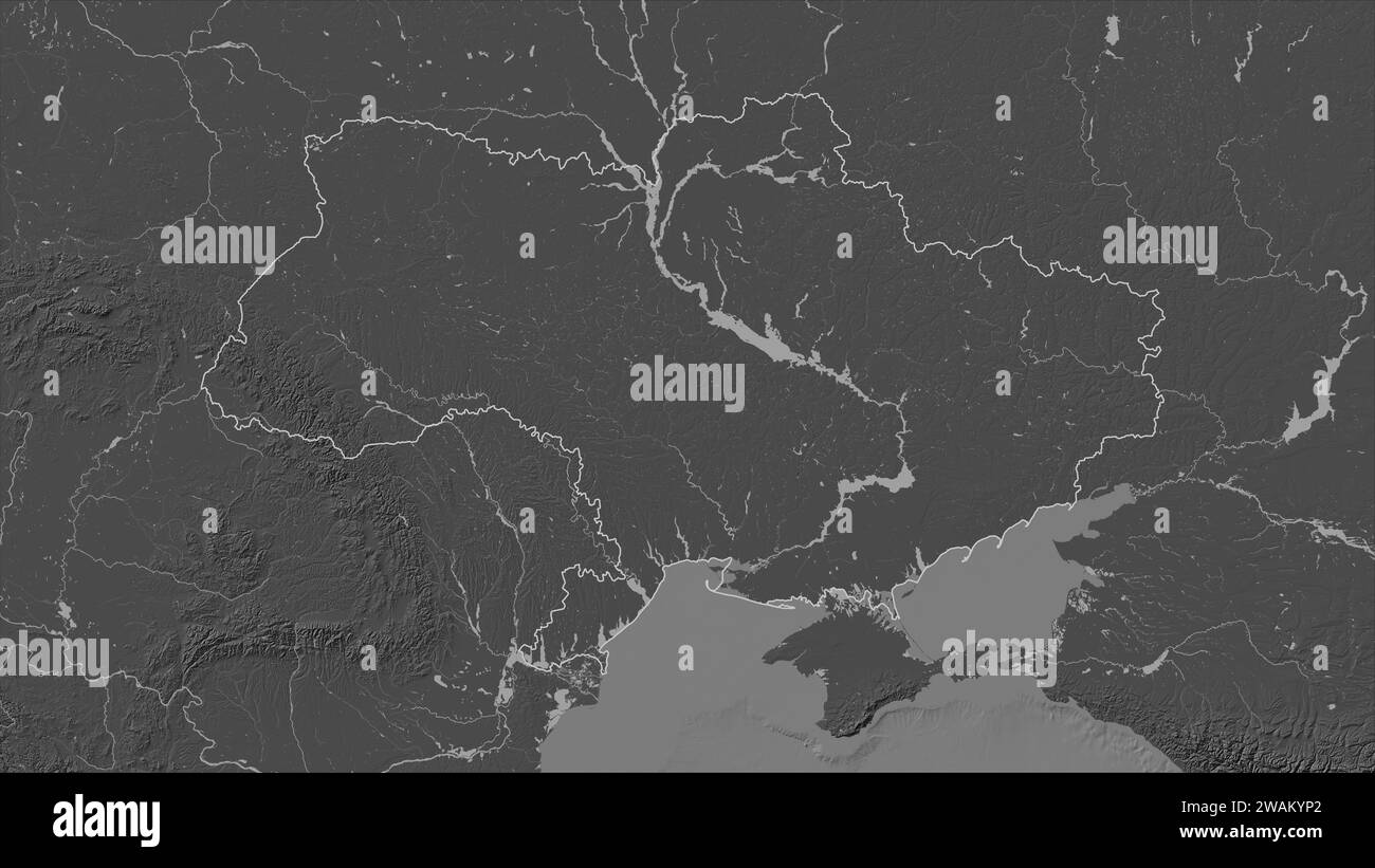 Ukraine between 2014 and 2022 outlined on a Bilevel elevation map with ...