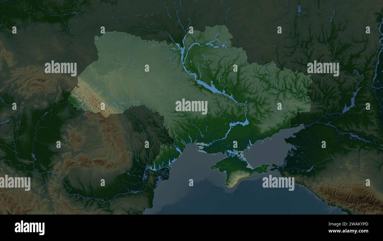 Ukraine before 2014 highlighted on a Colored elevation map with lakes ...