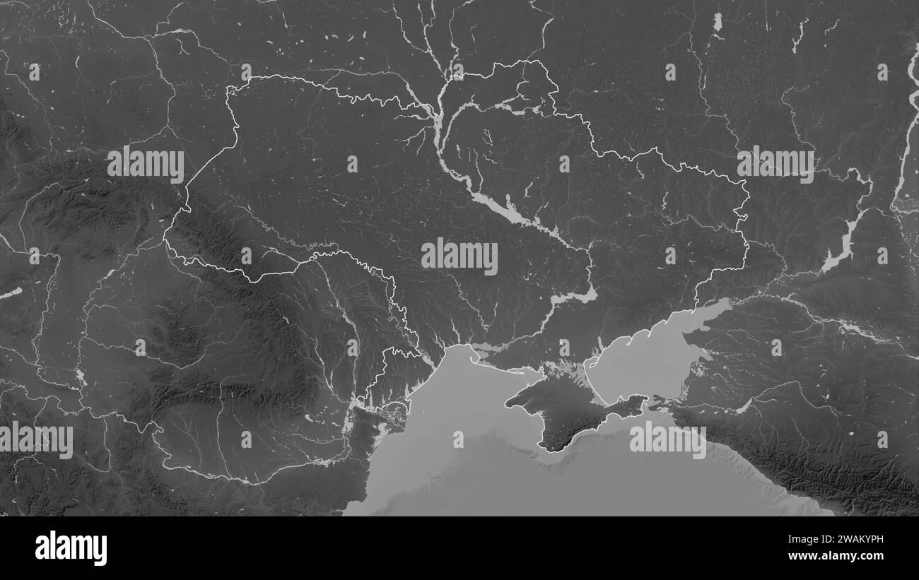 Ukraine before 2014 outlined on a Grayscale elevation map with lakes ...