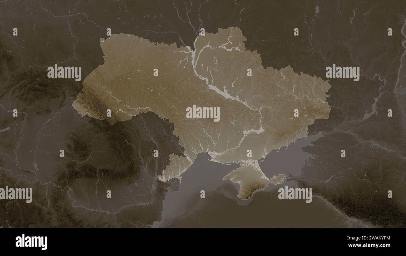 Ukraine before 2014 highlighted on a elevation map colored in sepia ...