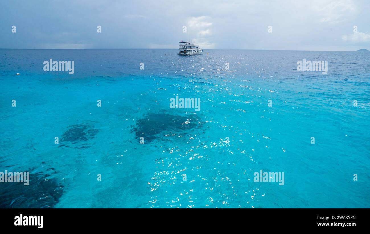The front view in the morning sky is bright blue with clear white ...