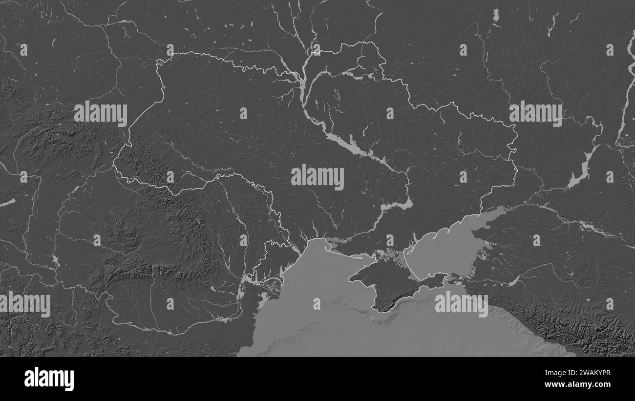 Ukraine before 2014 outlined on a Bilevel elevation map with lakes and ...
