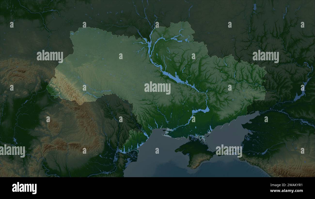 Ukraine before 2022 highlighted on a Colored elevation map with lakes ...