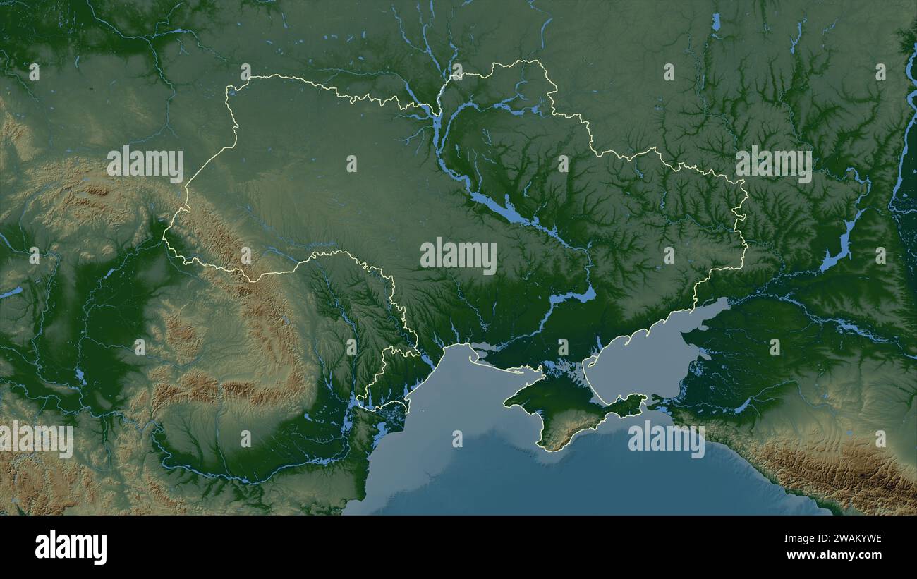 Ukraine before 2014 outlined on a Colored elevation map with lakes and ...