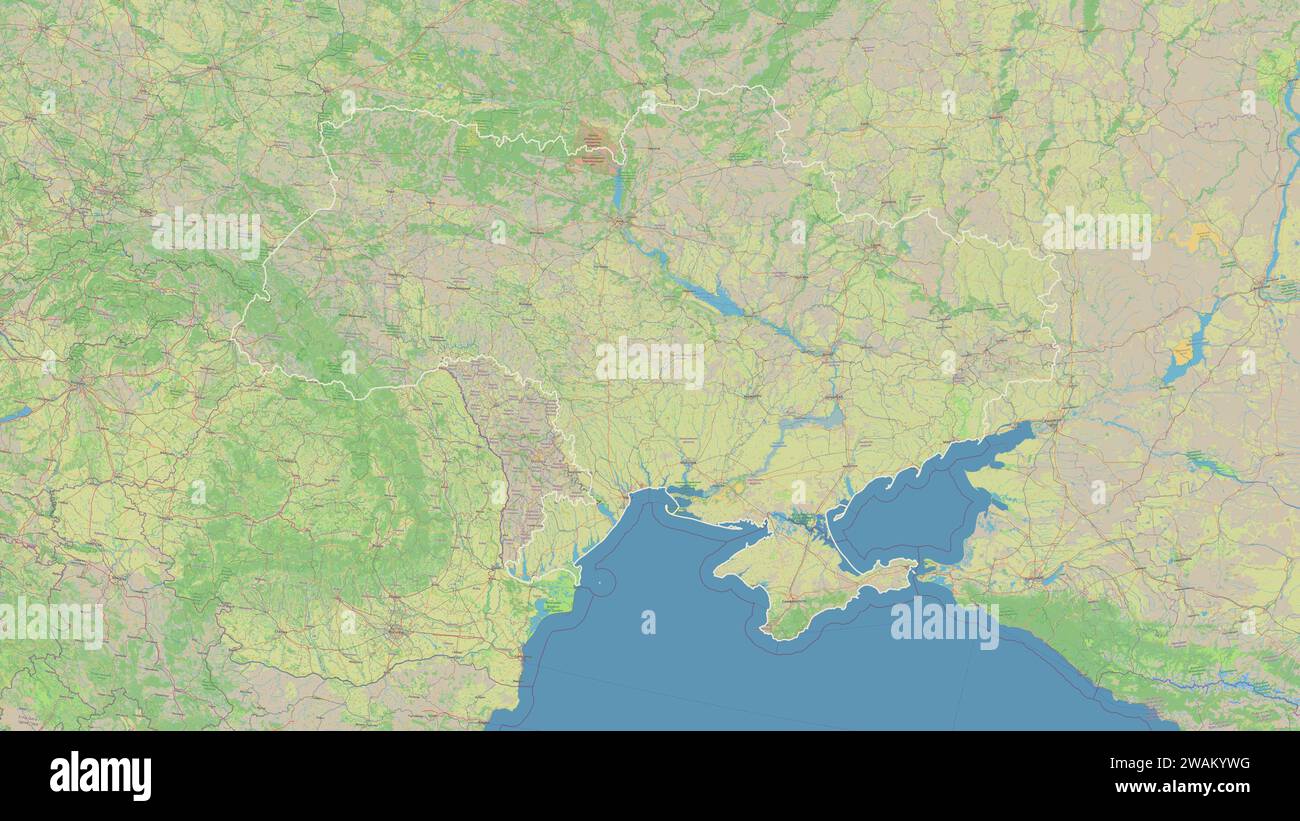 Ukraine before 2014 outlined on a topographic, OSM standard style map ...