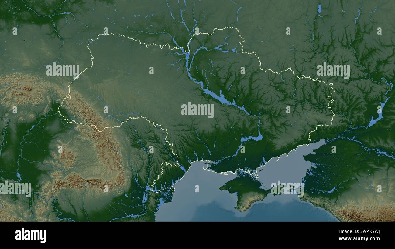 Ukraine before 2022 outlined on a Colored elevation map with lakes and ...