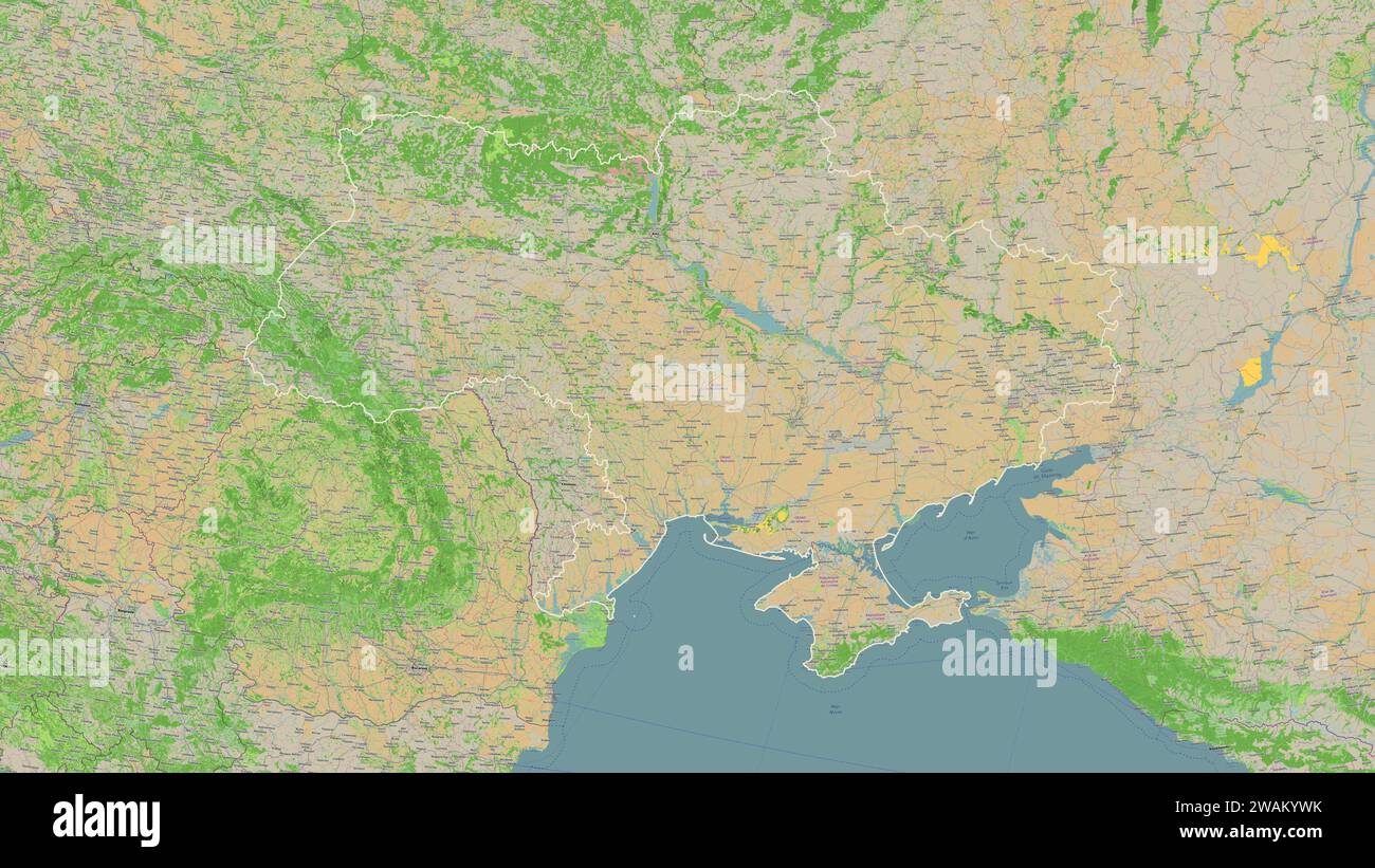 Ukraine before 2014 outlined on a topographic, OSM France style map ...