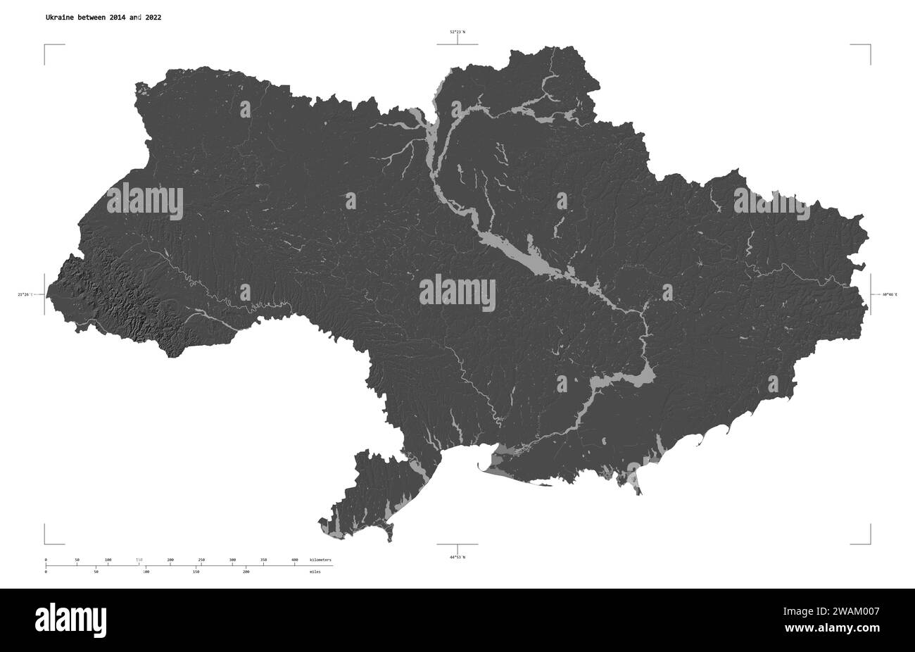 Shape of a Bilevel elevation map with lakes and rivers of the Ukraine ...