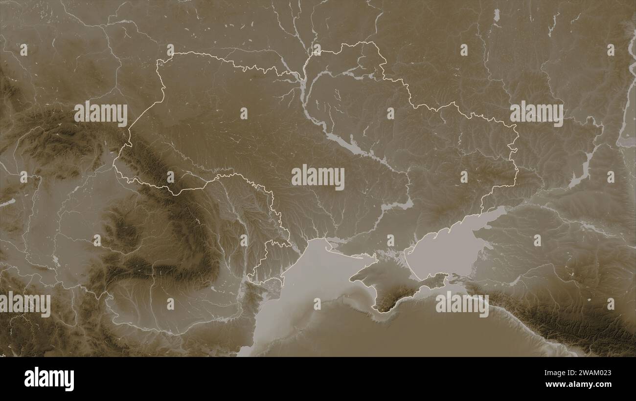 Ukraine before 2014 outlined on a elevation map colored in sepia tones ...