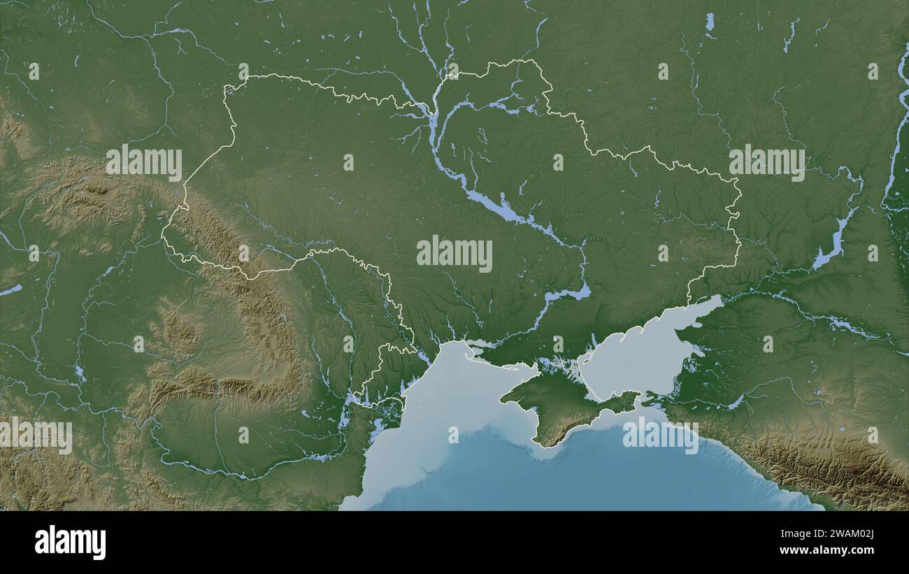 Ukraine before 2014 outlined on a Pale colored elevation map with lakes ...