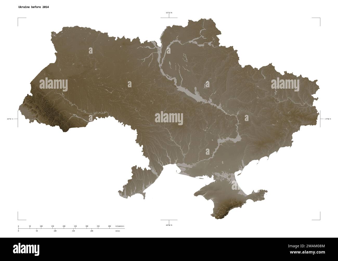Shape of a elevation map colored in sepia tones with lakes and rivers ...
