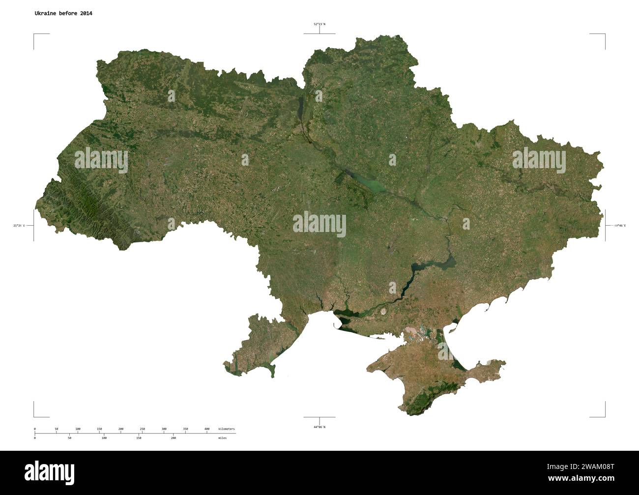 Shape of a low resolution satellite map of the Ukraine before 2014, with distance scale and map ...
