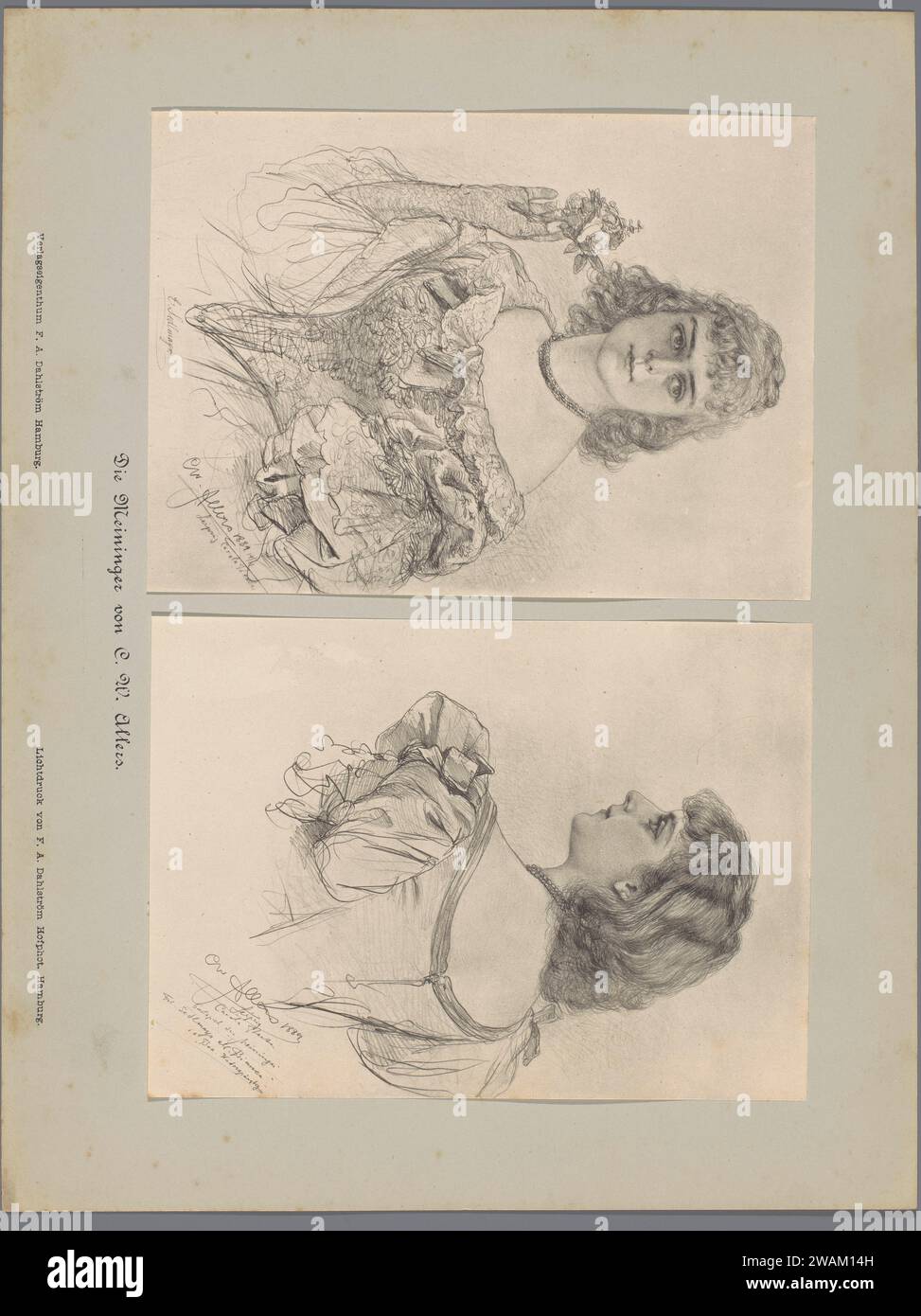 Two photo productions of drawings, representing portraits of an actress ...