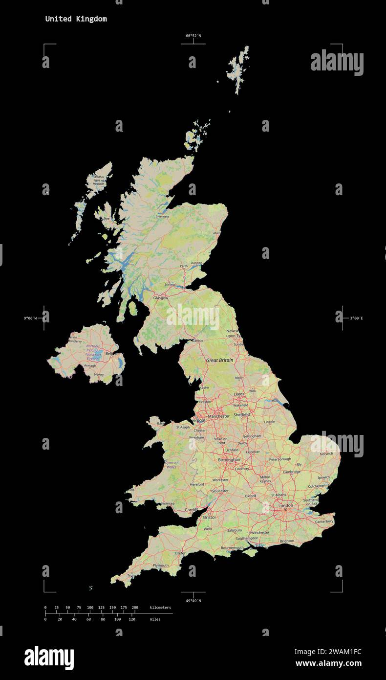 Shape of a topographic, OSM standard style map of the United Kingdom ...