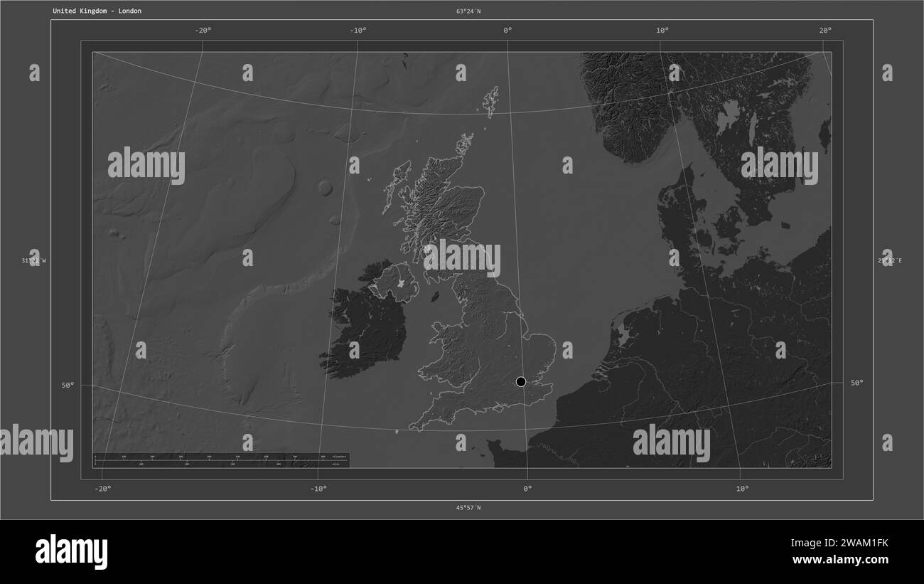 United Kingdom highlighted on a Bilevel elevation map with lakes and ...
