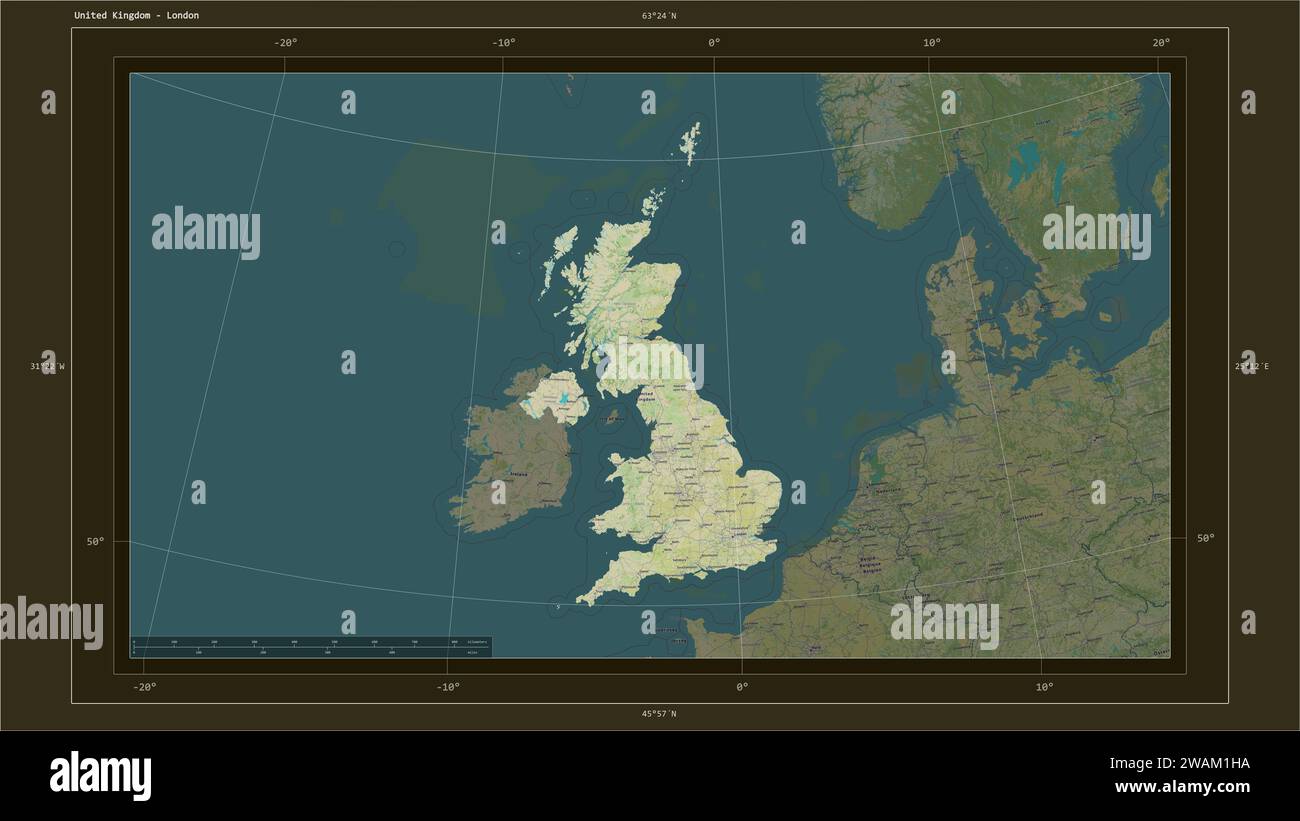 United Kingdom highlighted on a topographic, OSM Humanitarian style map ...