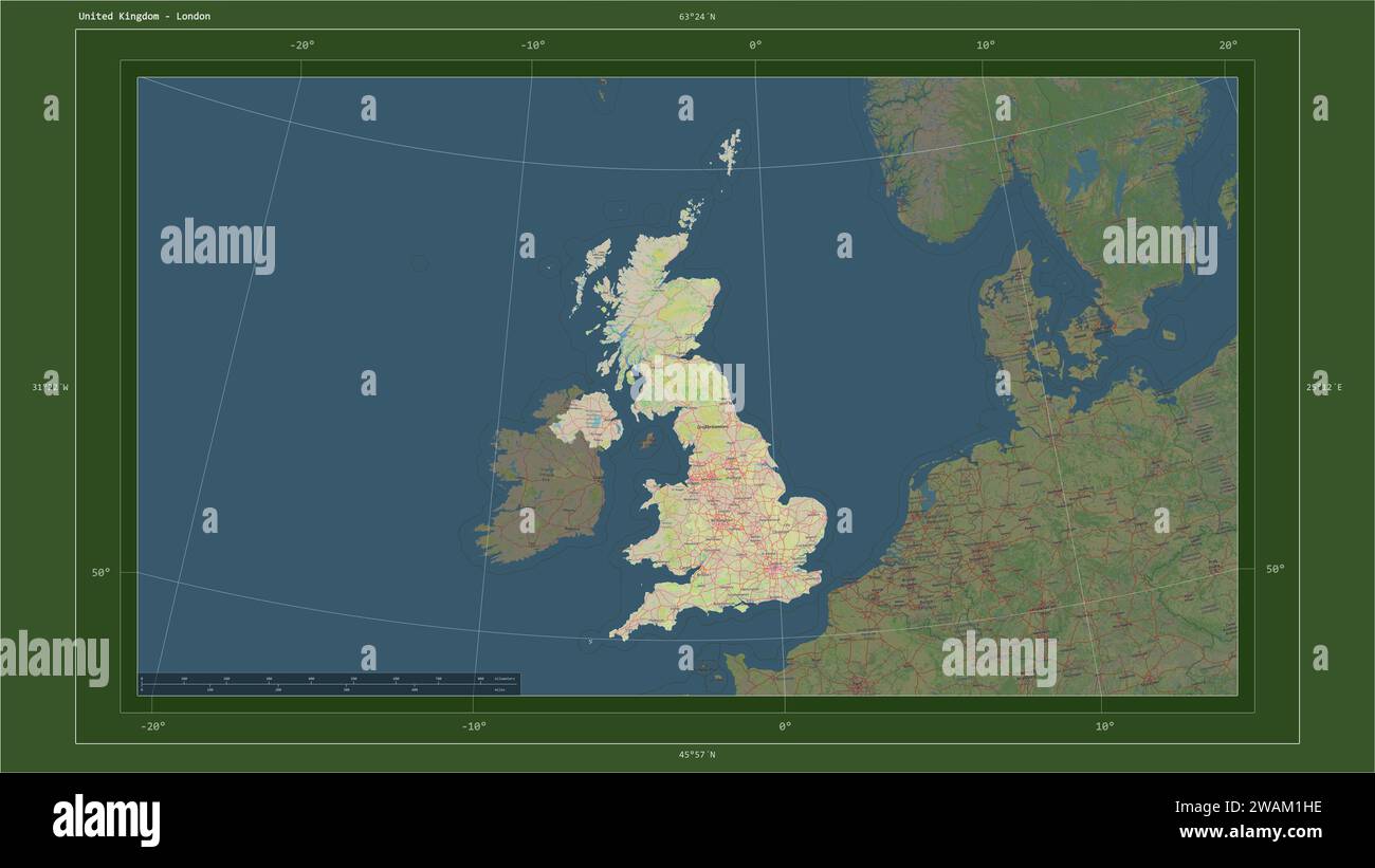 United Kingdom highlighted on a topographic, OSM Germany style map map ...