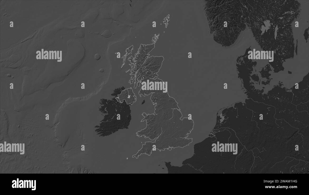 United Kingdom highlighted on a Bilevel elevation map with lakes and ...